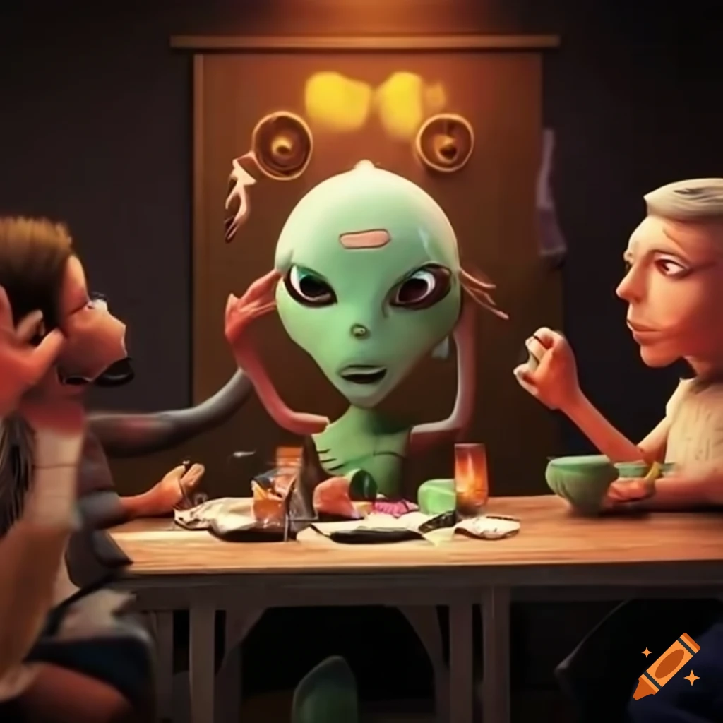 Zog the alien sitting at a cafe table with amused customers on Craiyon