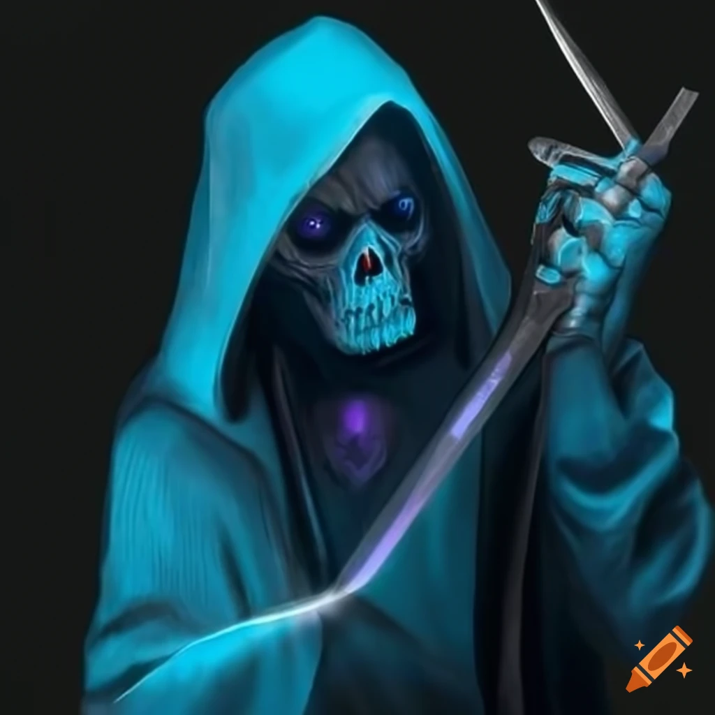 Blue cyber punk reaper holding a sword with glowing electric eye on Craiyon