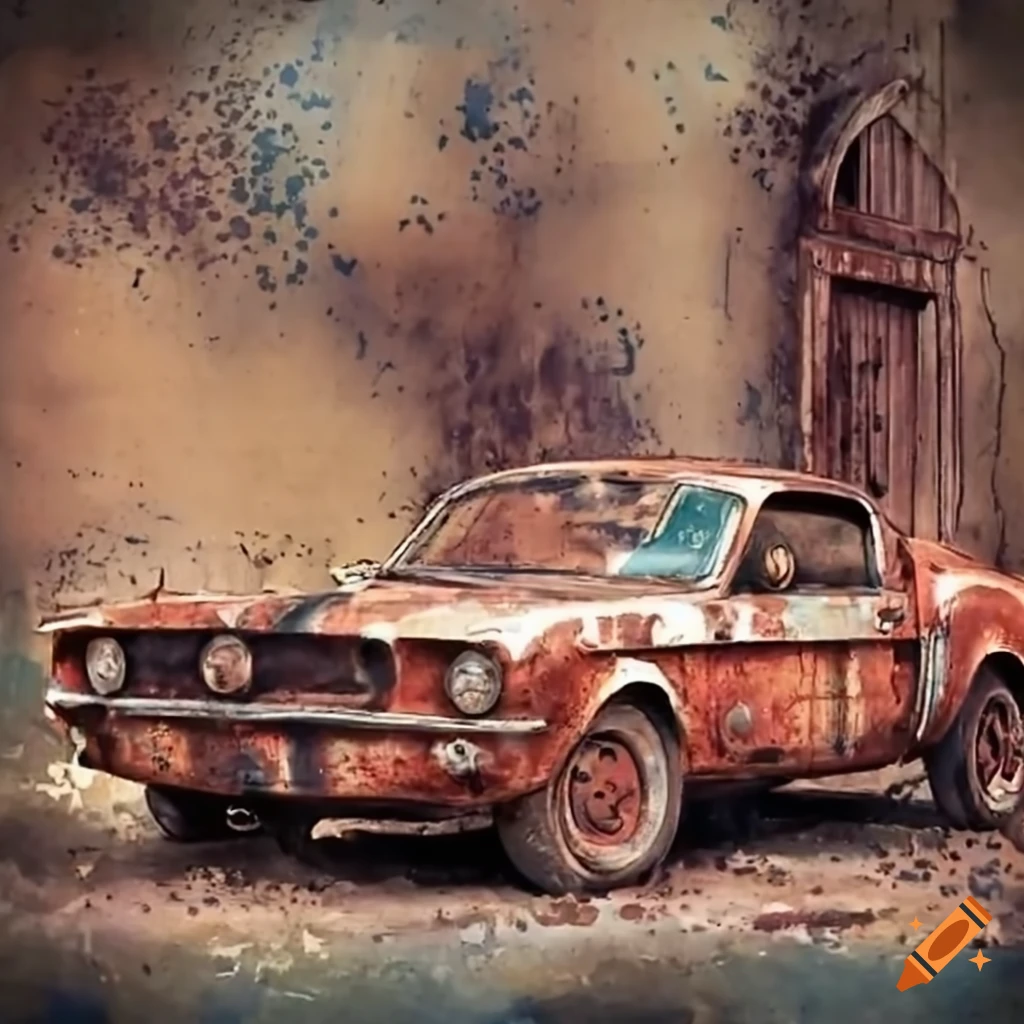 Rusty old mustang car on Craiyon