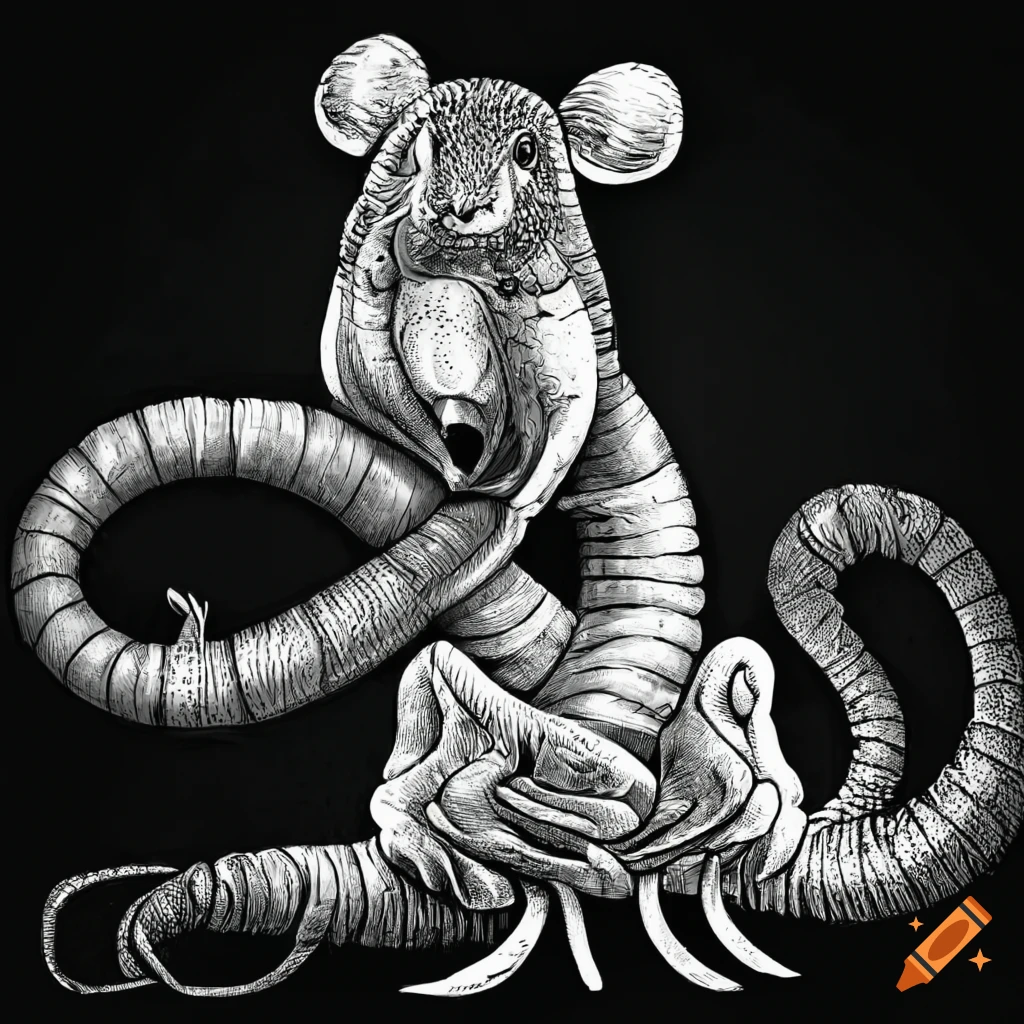Black and white drawing of a hybrid rodent-rat and centipede creature ...