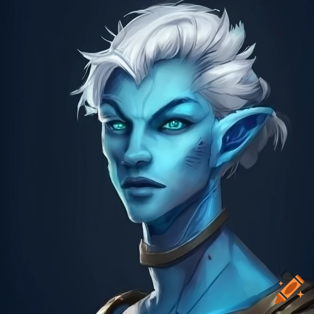 Enigmatic Air Genasi ranger with blue skin, white hair and white eyes ...