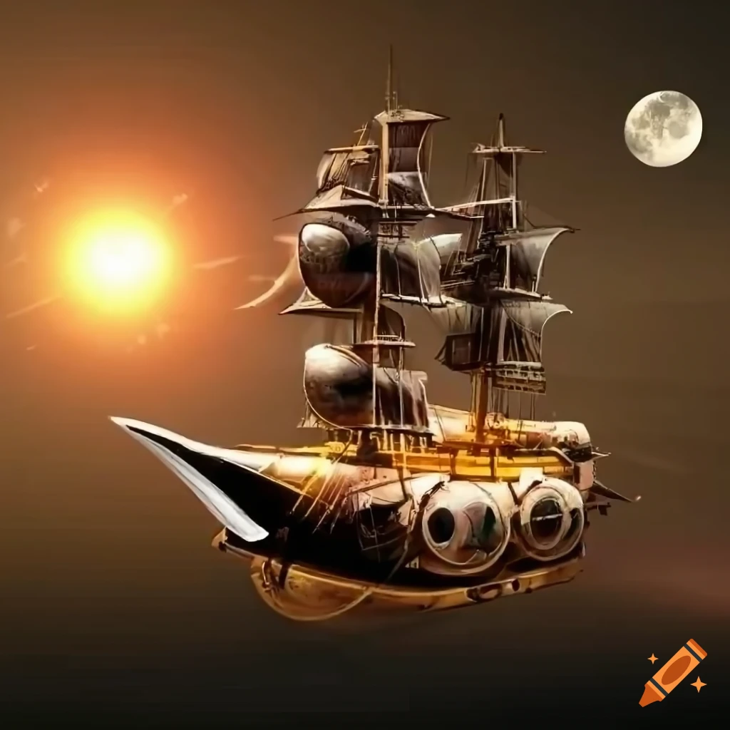 Detailed solar punk sailing vessel with rocket engines flying through ...