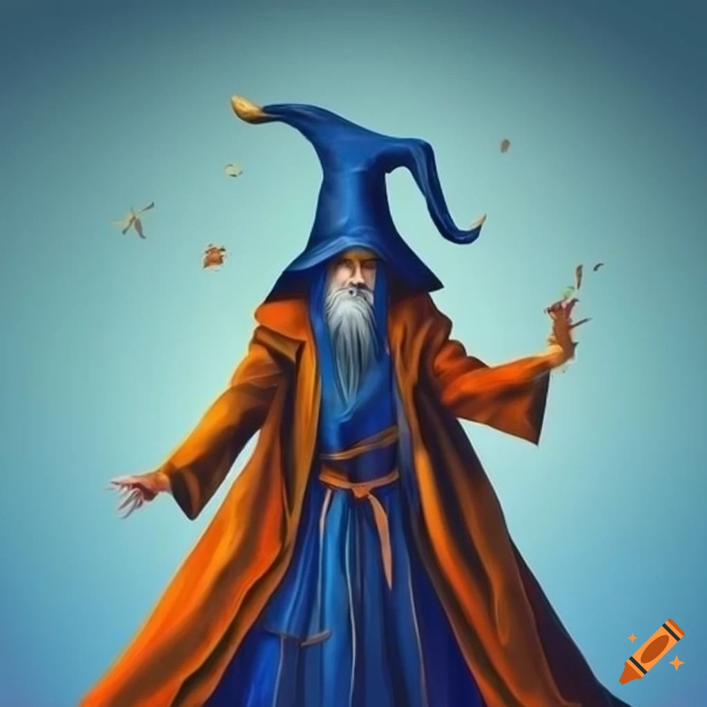Wizard in blue and orange robes on Craiyon