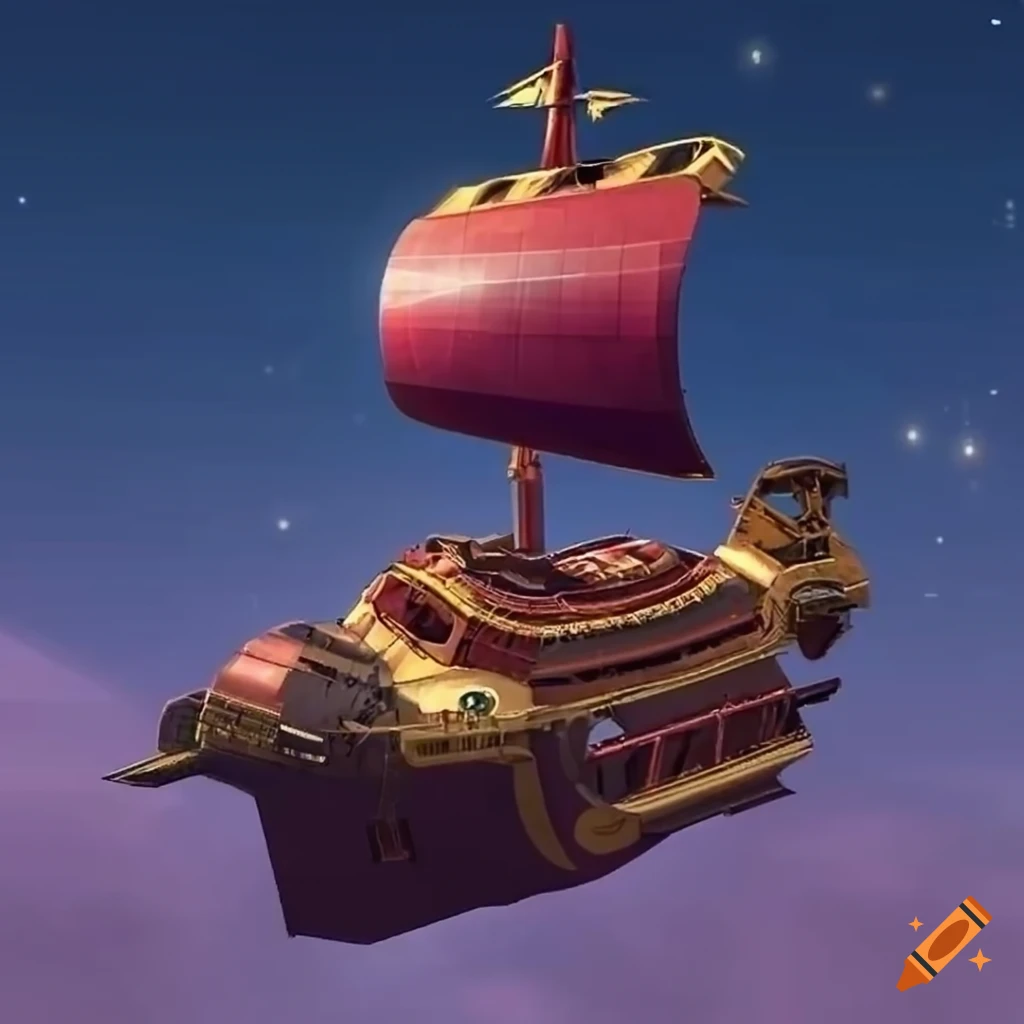 Detailed Treasure Planet solar punk ship with rocket engines flying by ...