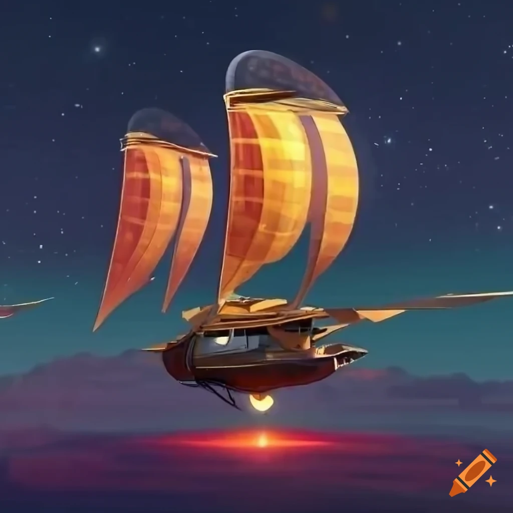 Detailed treasure planet solar punk ship with rocket engines flying by ...