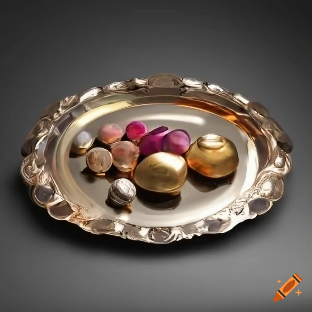 Arrangement of precious metals on a silver platter on Craiyon
