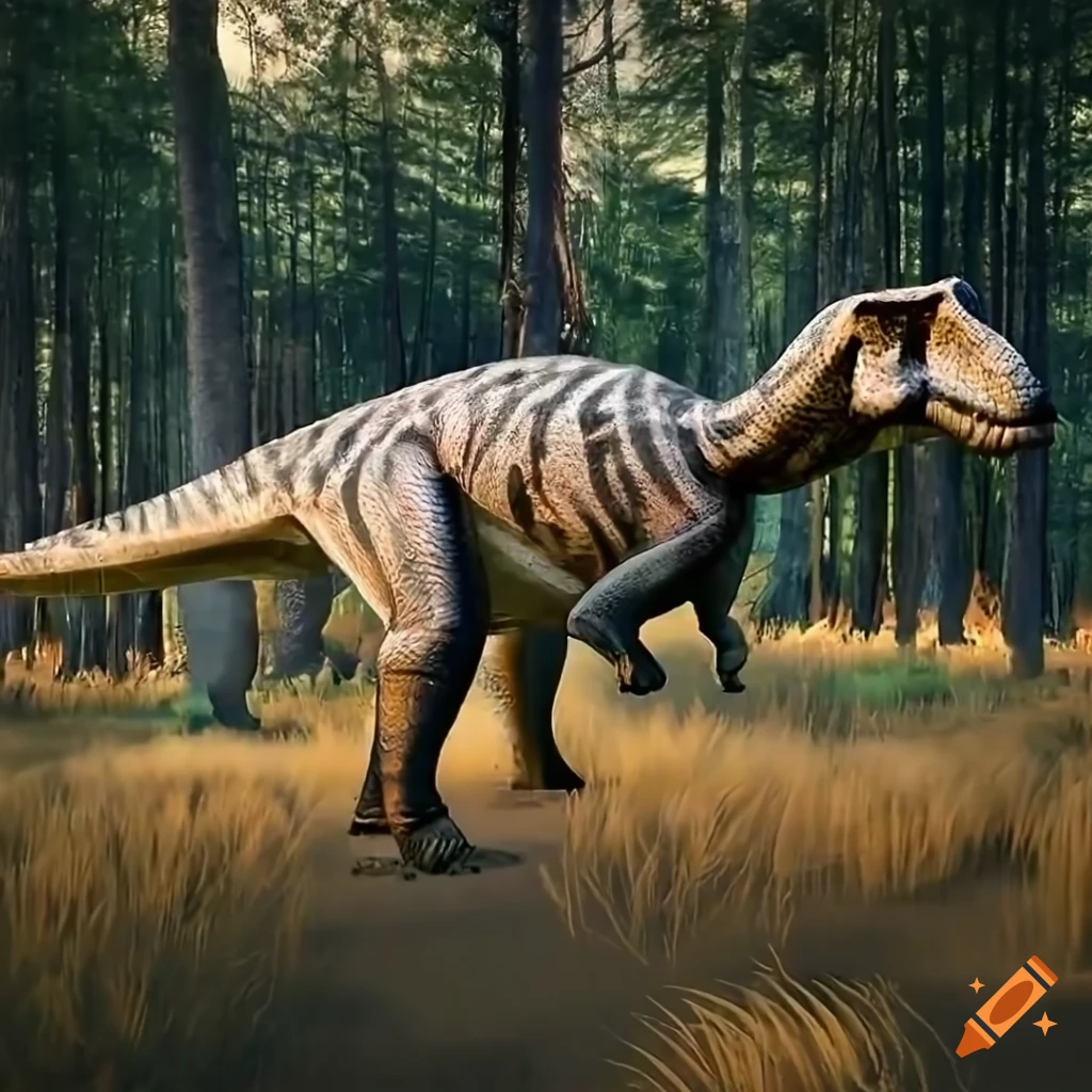 Colorful hadrosaurus dinosaur with intricate skin pattern in warm ...