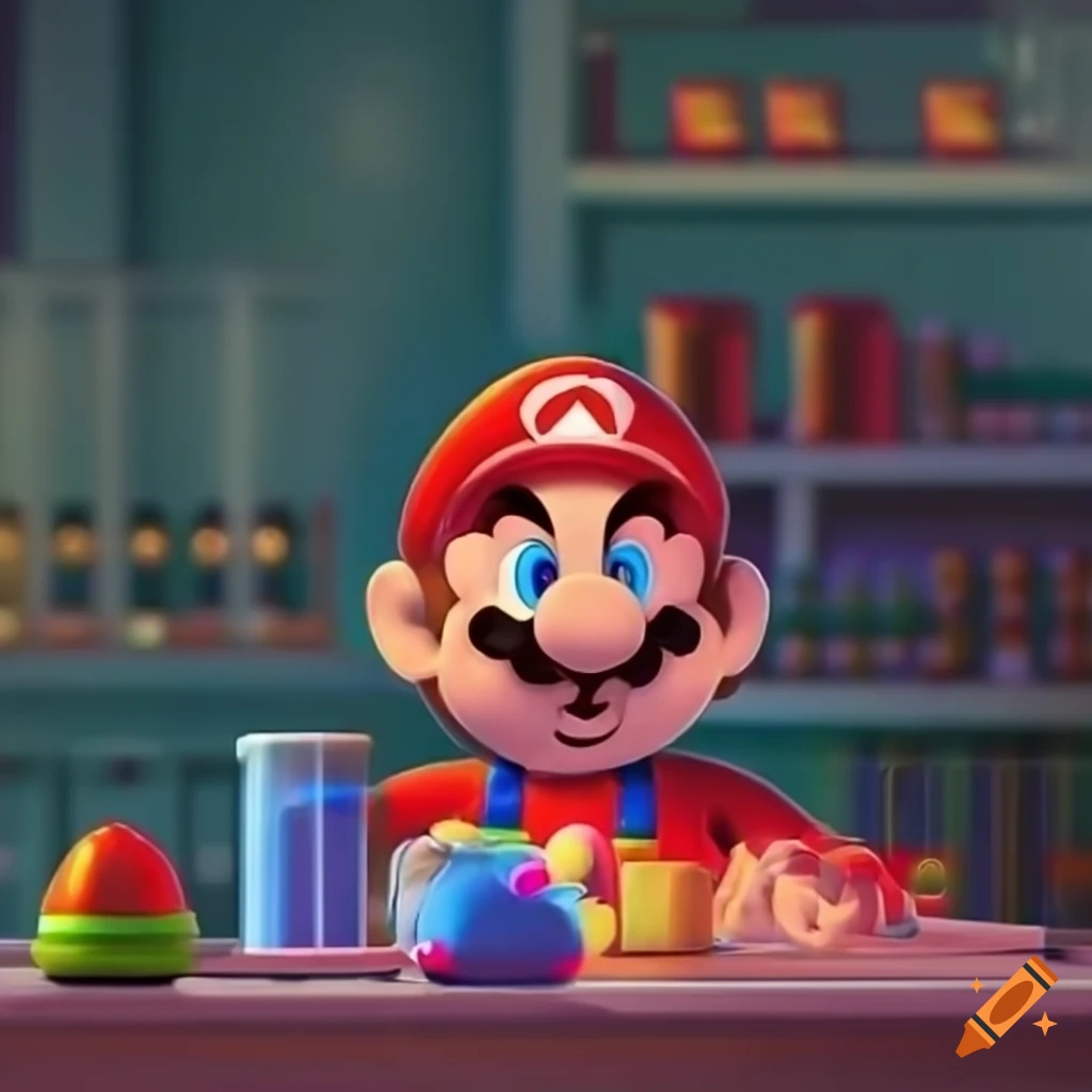 Mario character in a science lab with glowing red flower on Craiyon