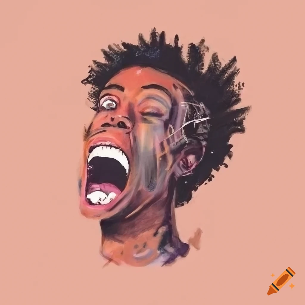 Hand drawn pastel crayon portrait with wide mouth yelling expression on ...