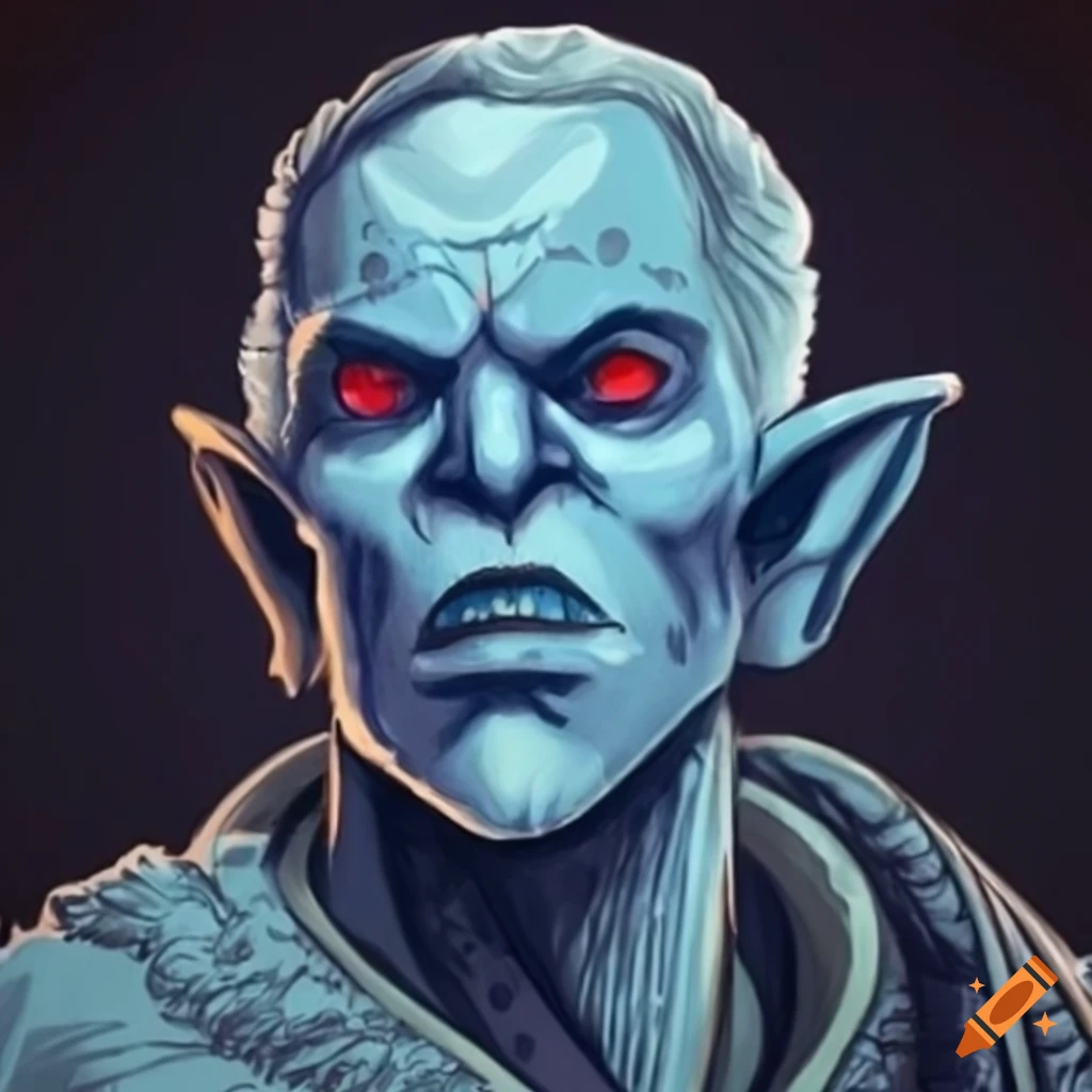 Blue hobgoblin with greyish hair and red eyes on Craiyon