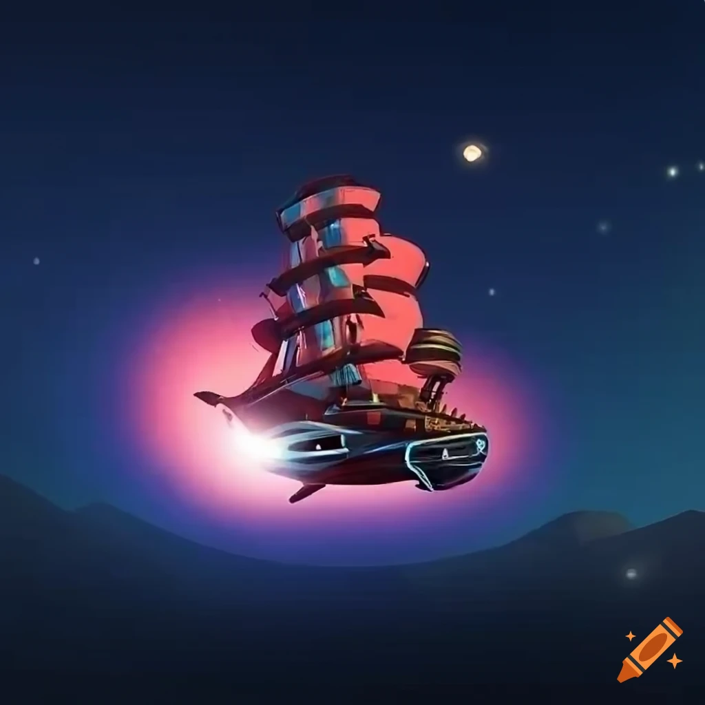 Solar punk sailing vessel with rocket engines flying by stars, planet ...