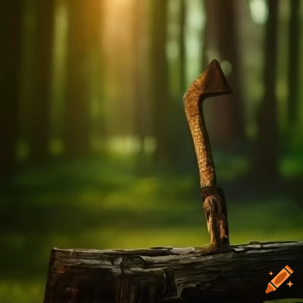 Green forest with sunlight and a viking axe stuck in a tree trunk on ...
