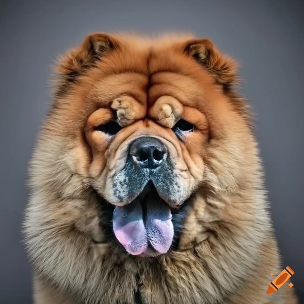 Chow Chow dog face in high definition against a grey backdrop on Craiyon