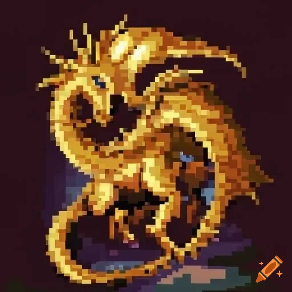 Pixel art of a golden dragon summoning ritual on Craiyon