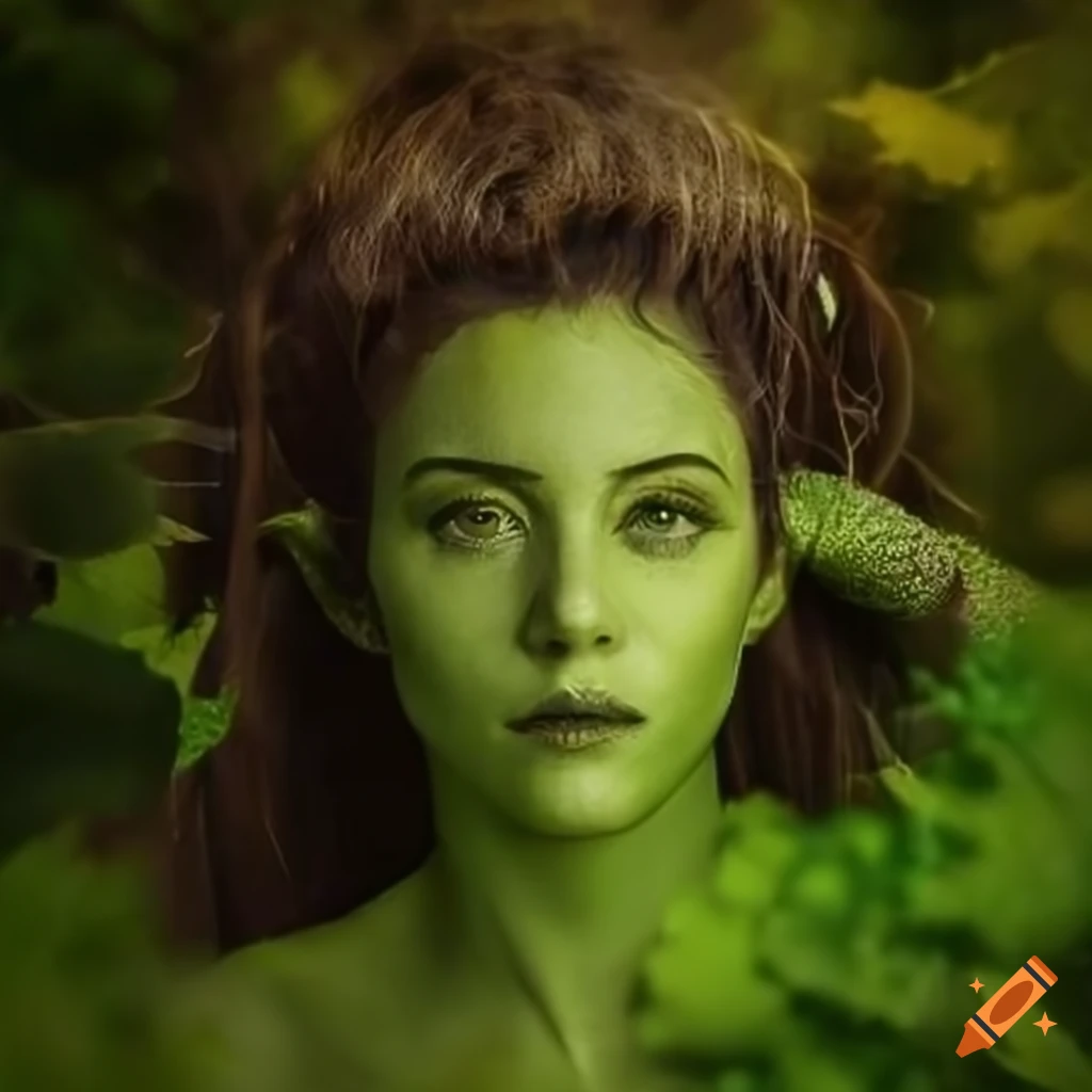Artistic representation of the green elf surrounded by leaves on Craiyon