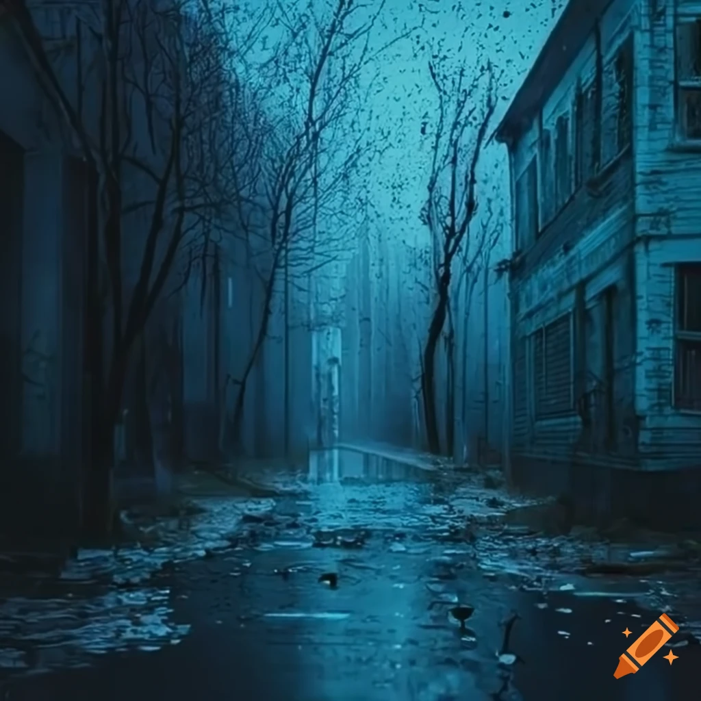 Rainy abandoned street at night with blue ambiance on Craiyon