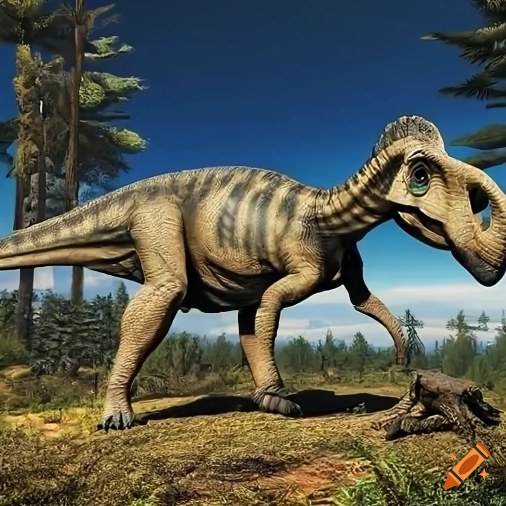 Hadrosaurus dinosaur with intricate colorful pattern in warm morning ...
