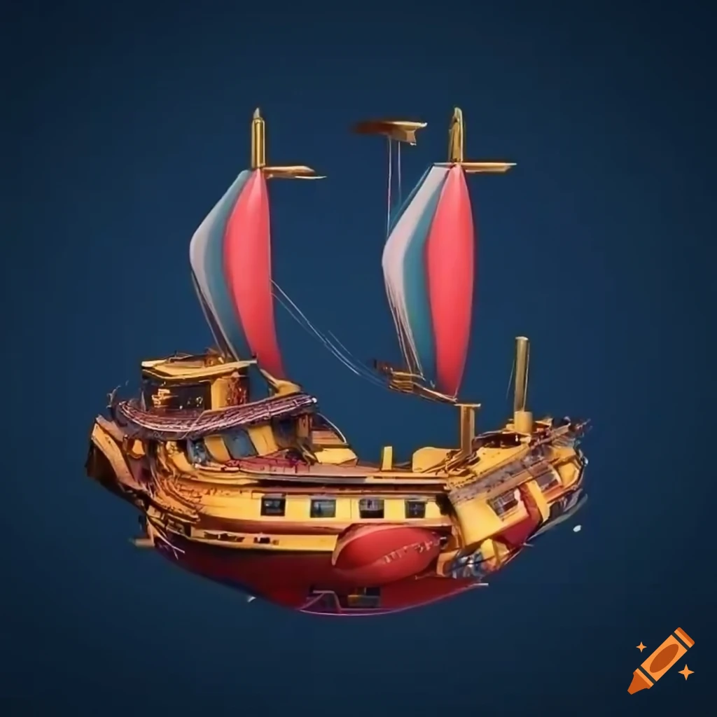 Detailed treasure planet solar punk ship with rocket engines flying by ...