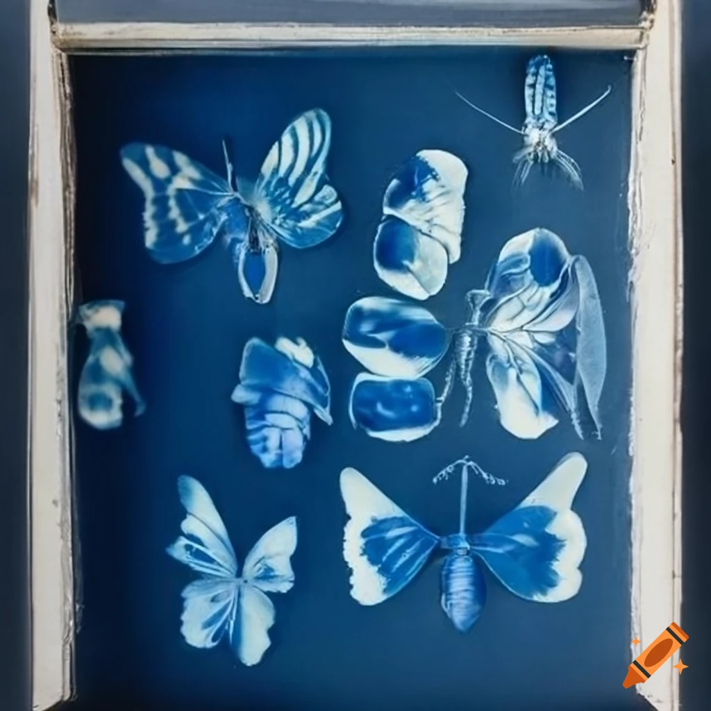 Cyanotype photo of a strange insect specimen box by rene lalique on Craiyon