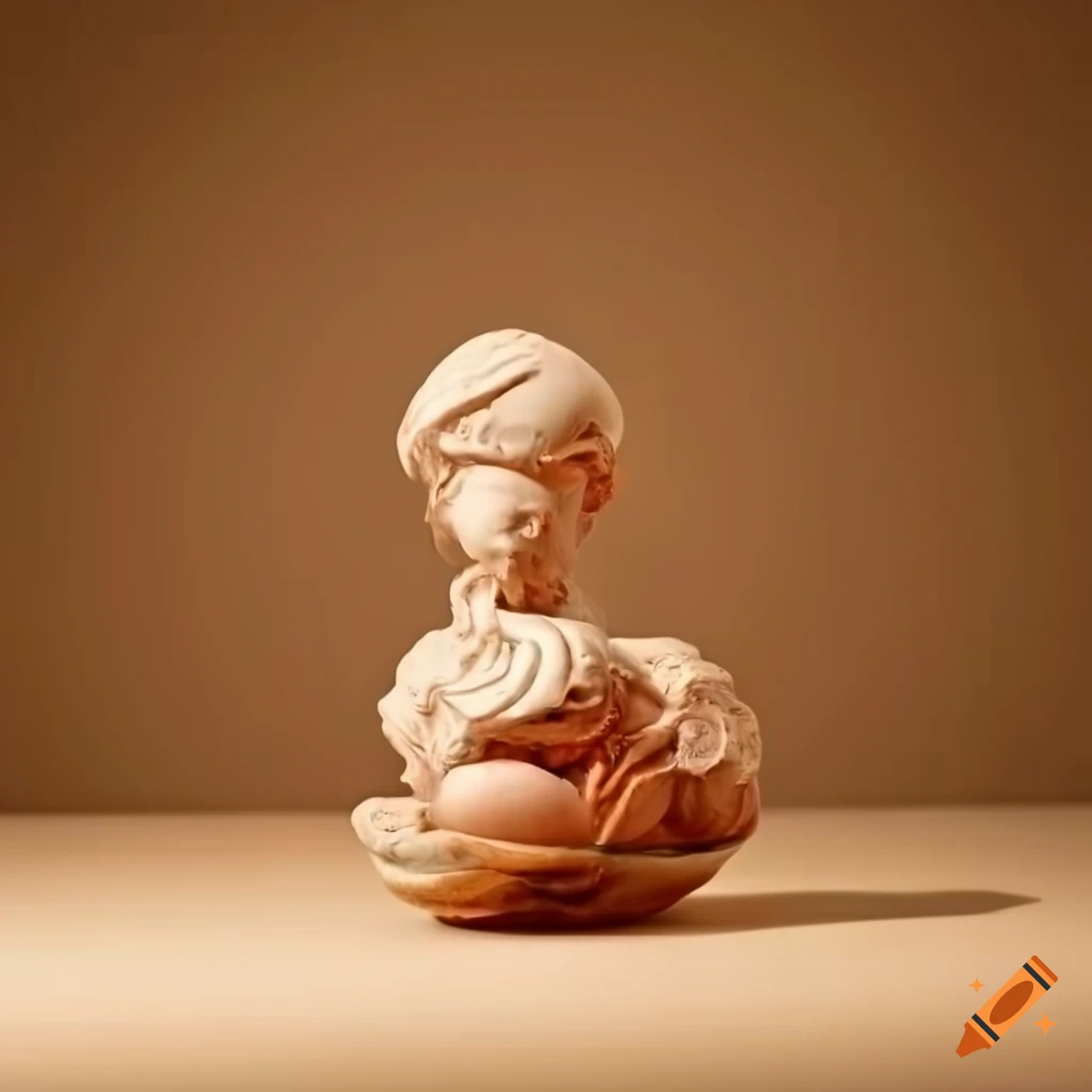 Baroque style clay sculpture with eggs and scientific elements on Craiyon