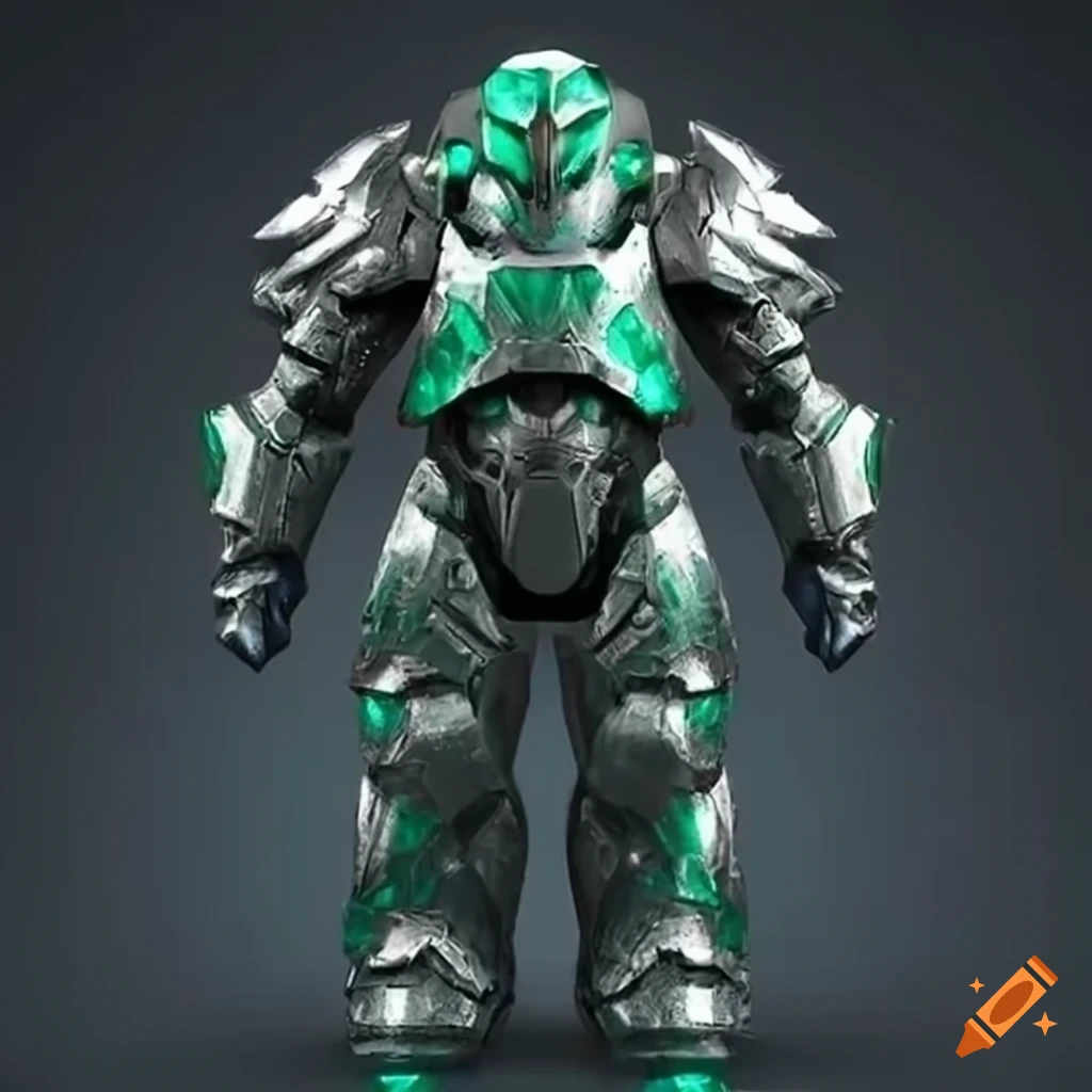 Intense and powerful full-body emerald crystal power armor on Craiyon
