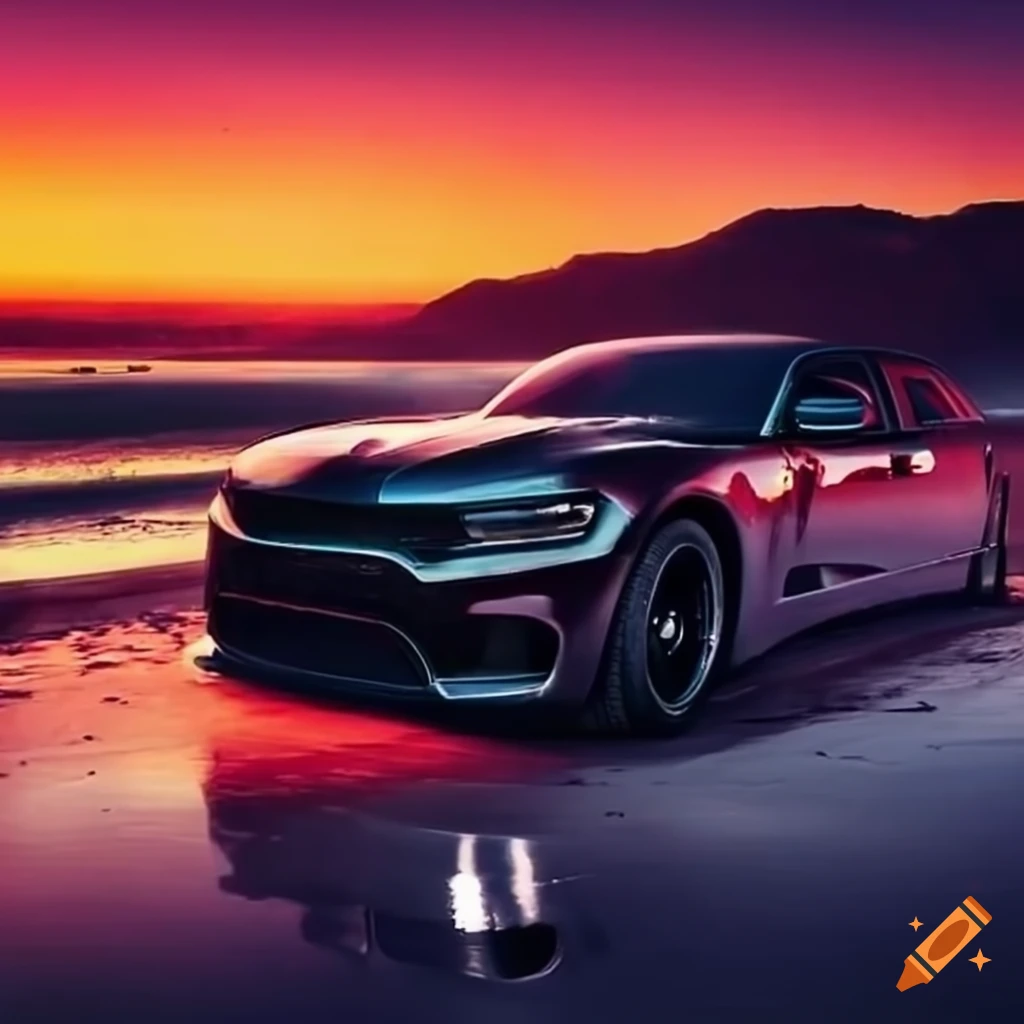 Black dodge charger at sunset on Craiyon