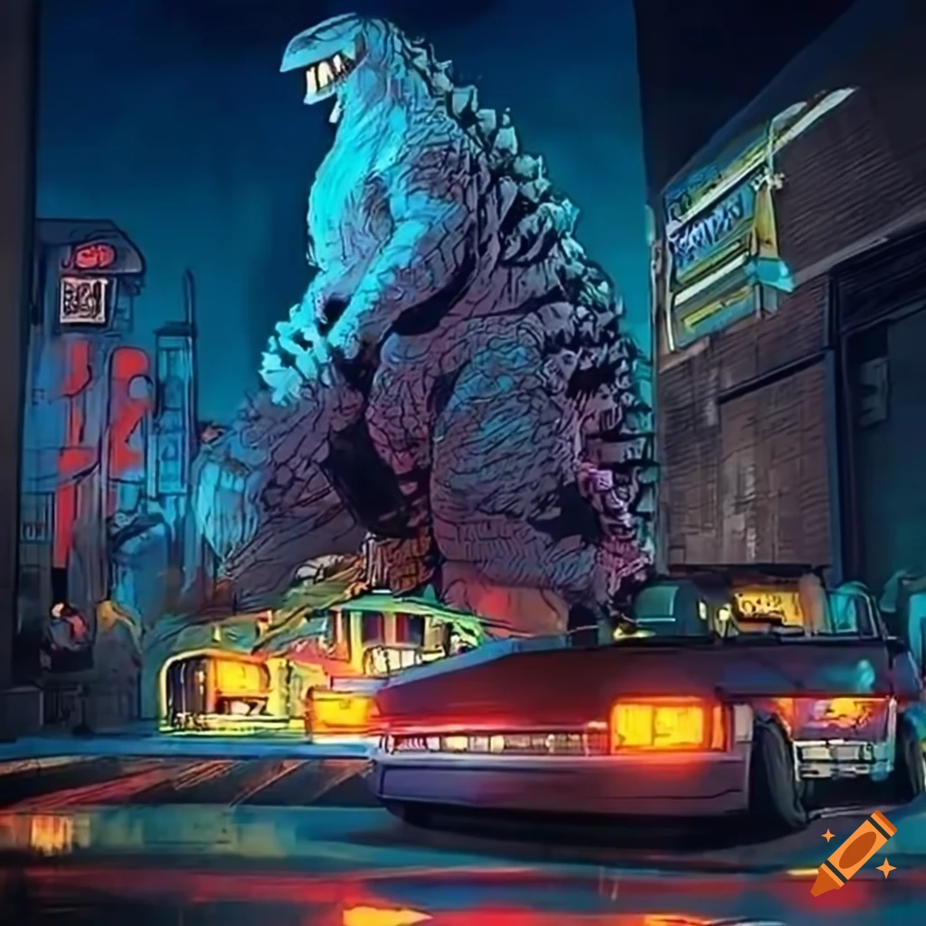 Large monster street racing in tokyo in the style of moebius on Craiyon