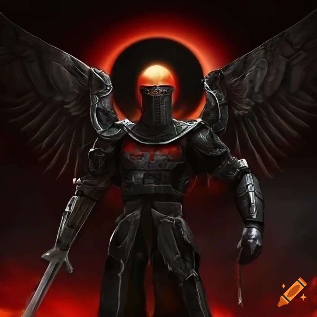 Black knight with four wings and two-handed sword on a battlefield with ...