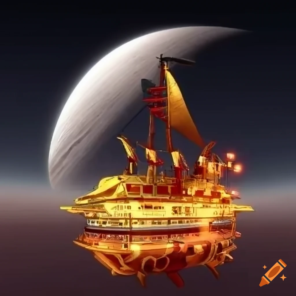 Solar punk sailing vessel with rocket engines flying by stars and ...