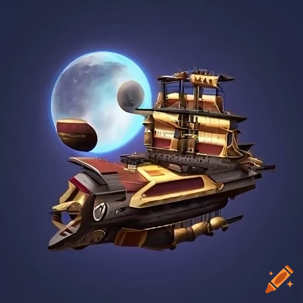 Solar punk ship sailing by stars, planet, and moon in a detailed ...