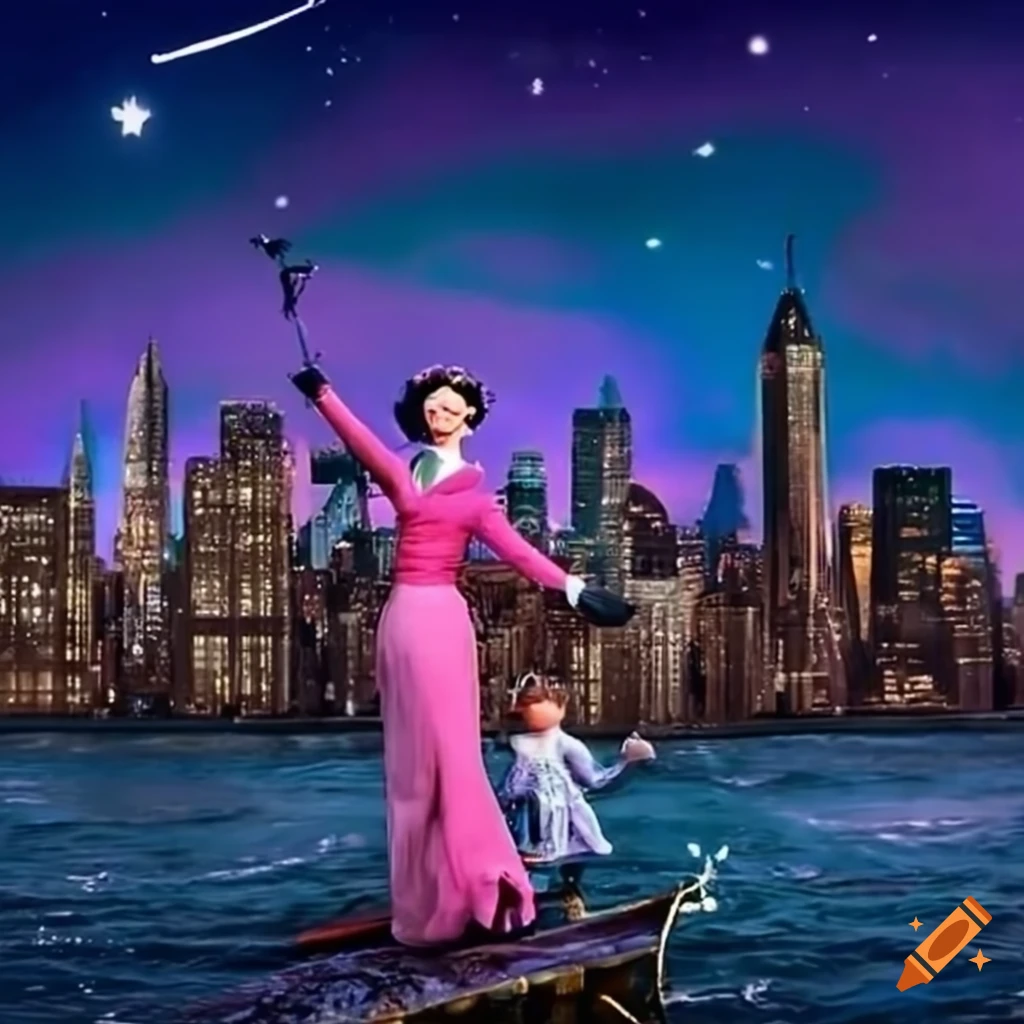 Mary poppins floating in new york city at night in a magical scene on ...
