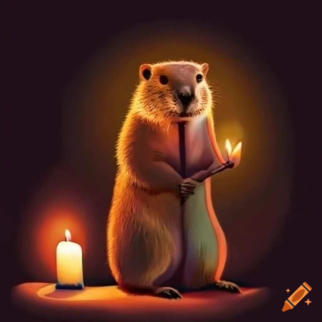 Groundhog holding 2 lit candles with jesus in front of a church on Craiyon