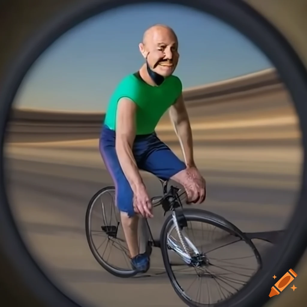 Bald man with a mustache pedaling a green bicycle over the rings of ...