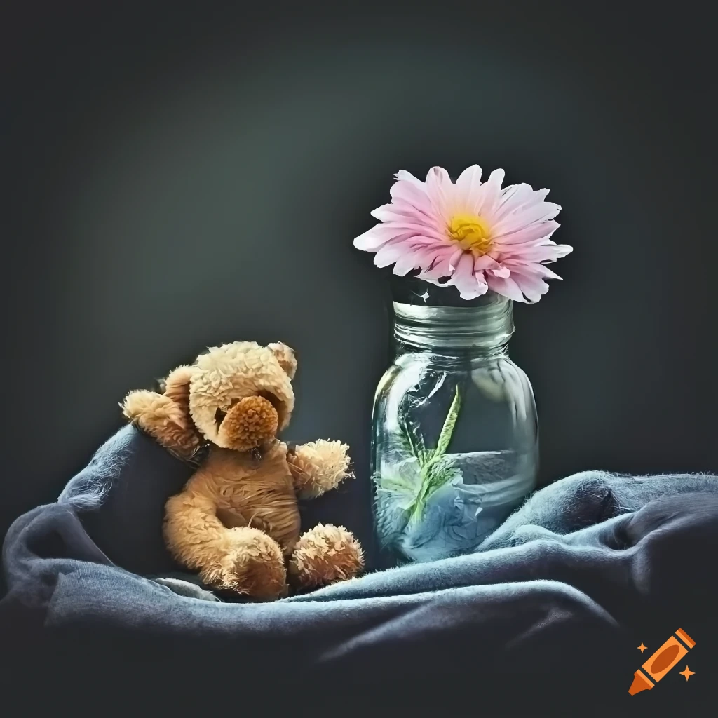 High contrast still life of blooming flower, baby's shoes, and teddy ...