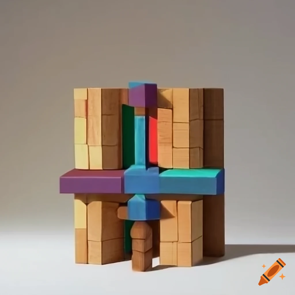 Five colorful wooden swords displayed on cubic blocks on Craiyon