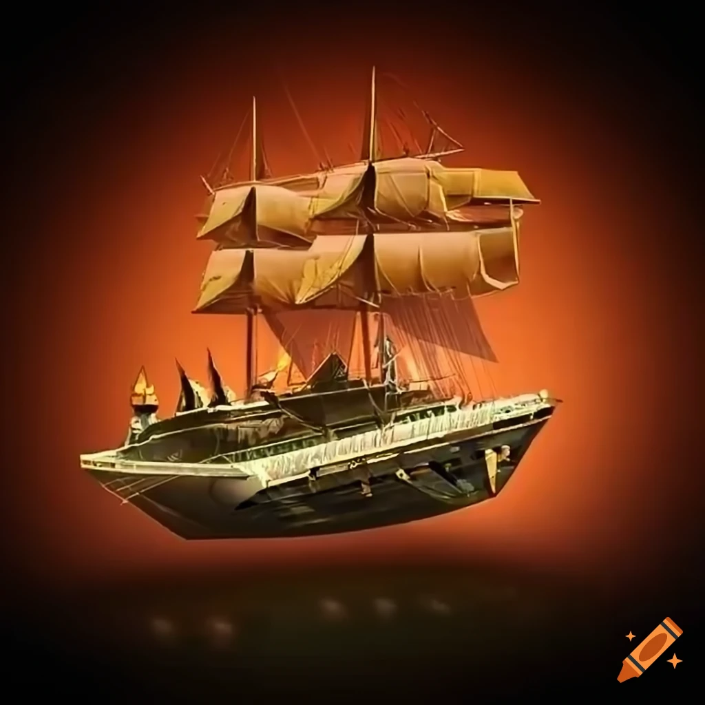 Detailed solar punk sailing vessel with rocket engines flying by stars ...