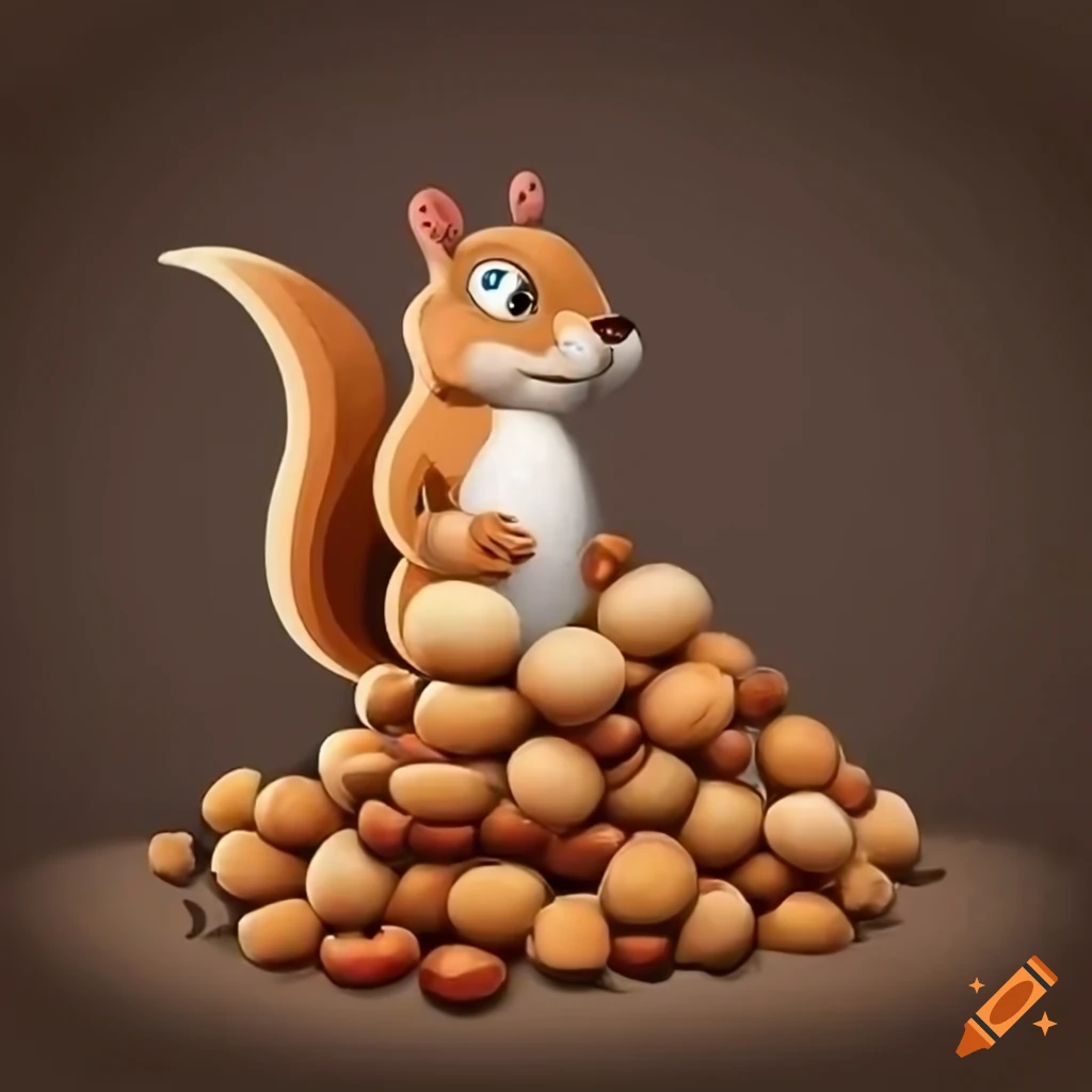Cartoon squirrel with acorns in a pun on squirrel store on Craiyon