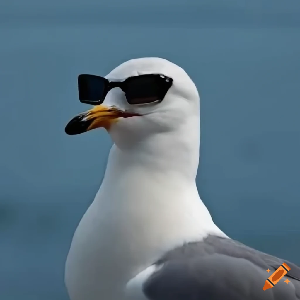 Seagull wearing sunglasses standing on the shore with a smirk on Craiyon