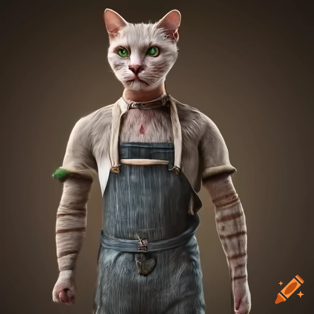 Hd picture of humanoid cat man in farmer outfit on Craiyon