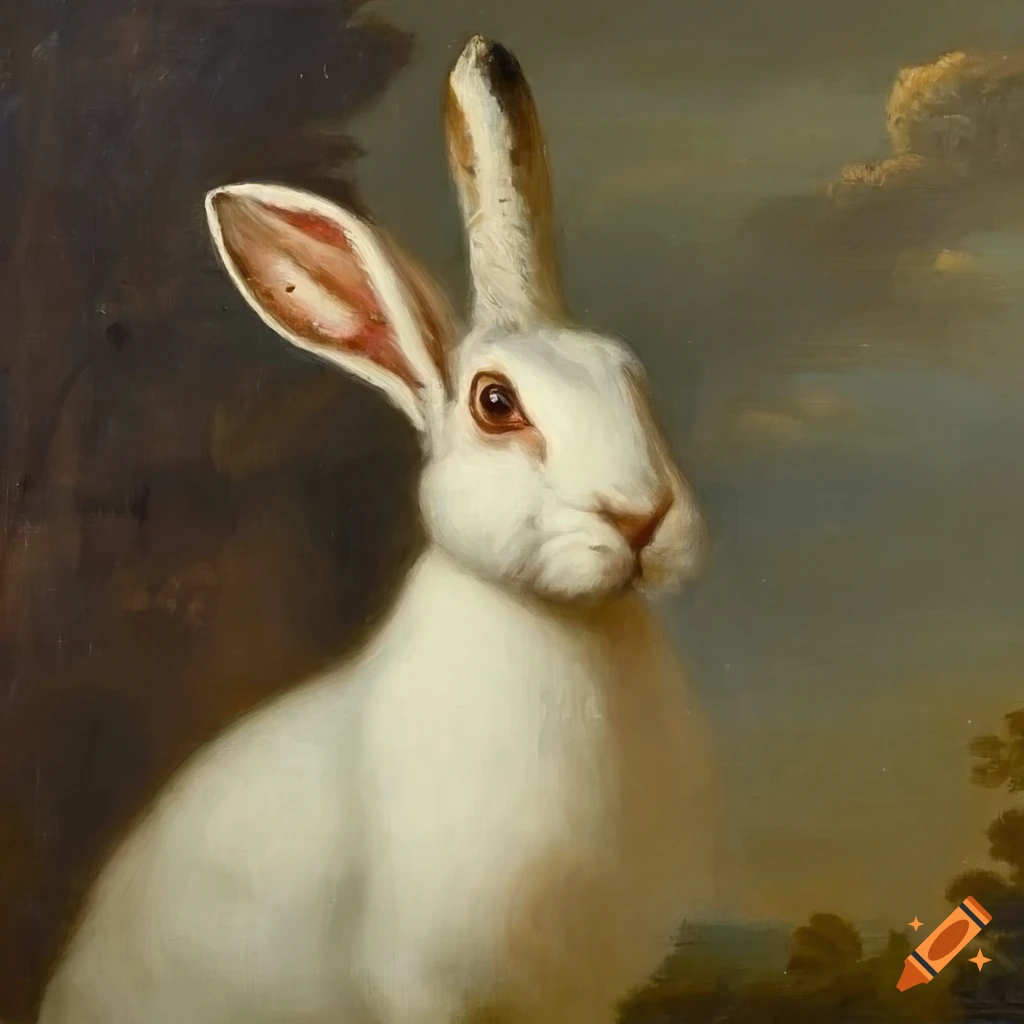 1800s oil painting portrait of a white hare in a landscape on Craiyon