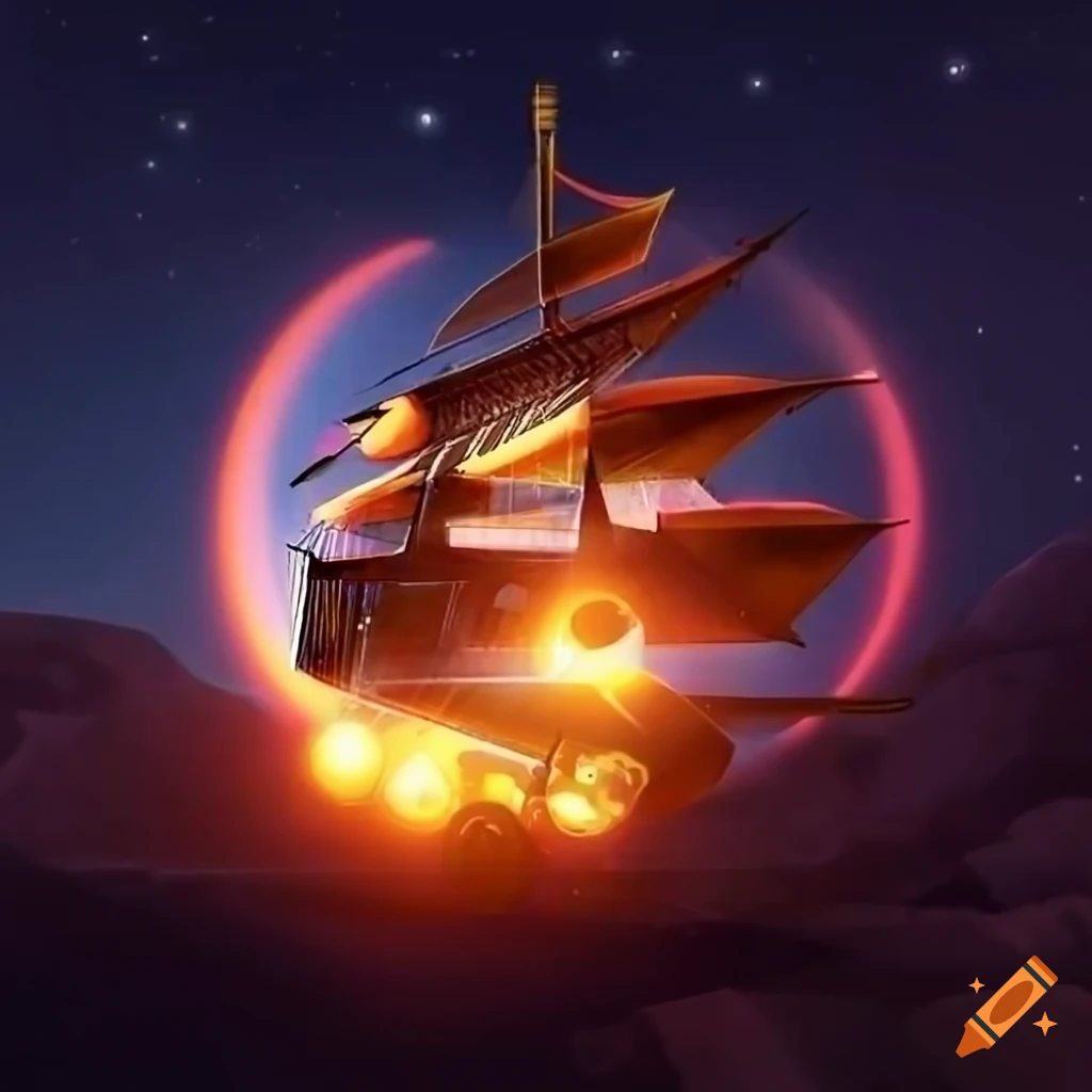 Detailed solar punk ship sailing vessel flying by stars, planet, moon ...