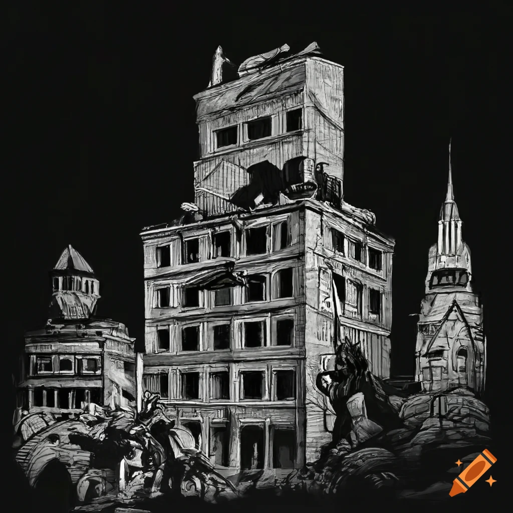 Overgrown office buildings in the style of 1940s disney cartoon on Craiyon