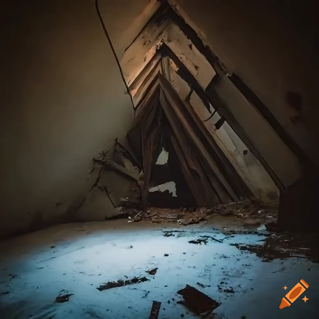 View of collapsed floor in sunny abandoned attic with glowing fog on ...