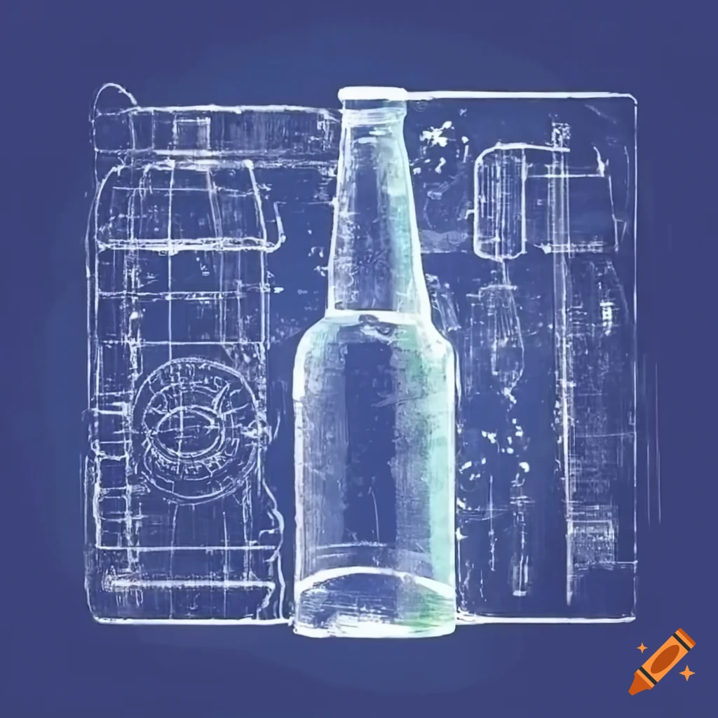 Detailed blueprint of a bottle of beer on Craiyon