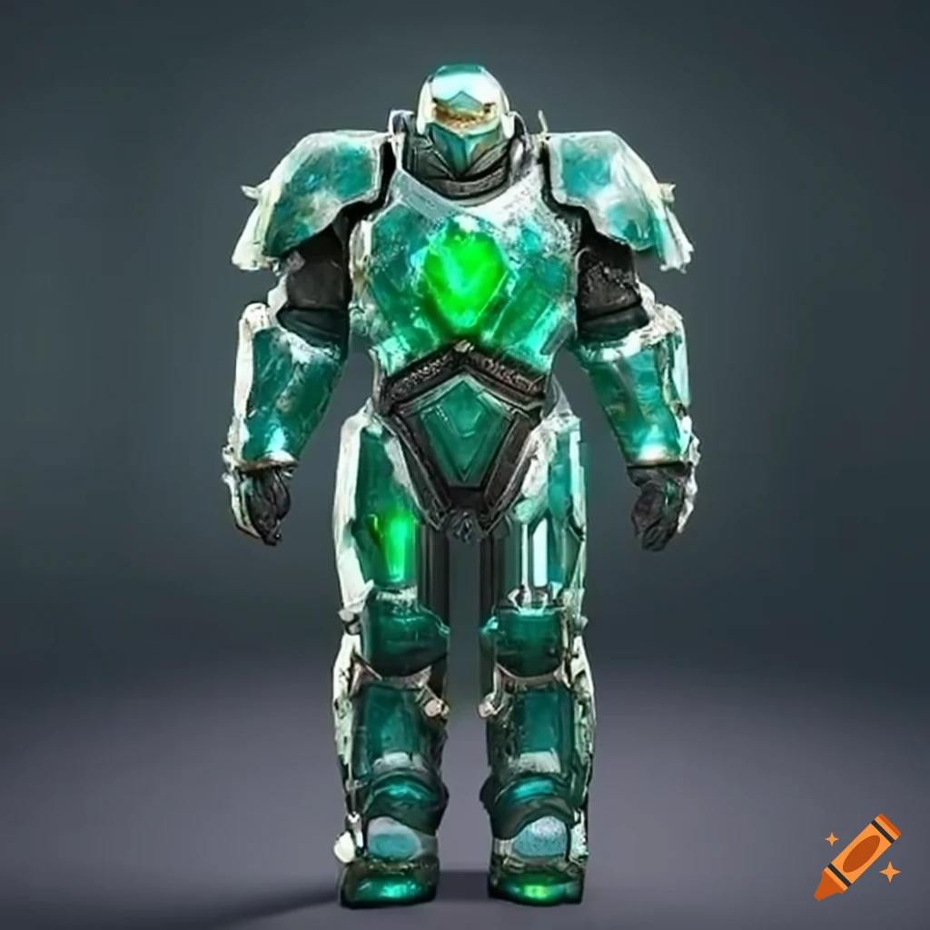 Intense and powerful emerald crystal full-body power armor on Craiyon