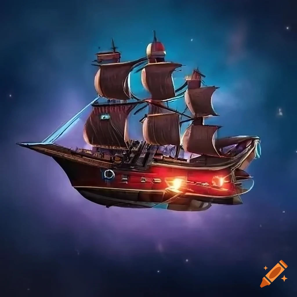 Solar punk ship sailing by stars, planet, and moon in a detailed ...