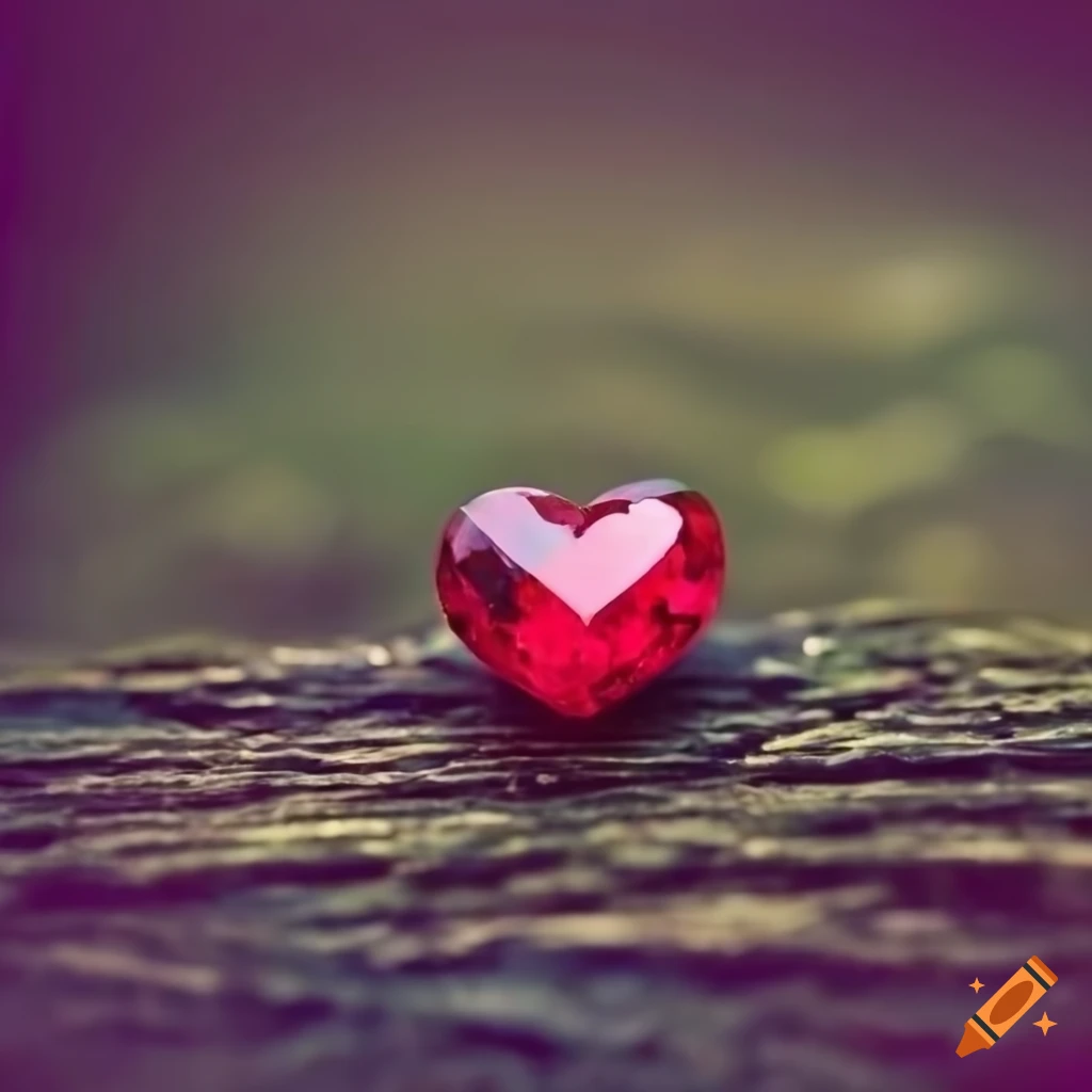 Precious red heart gemstone on moss-covered leaf with wood background and volumetric light on ...