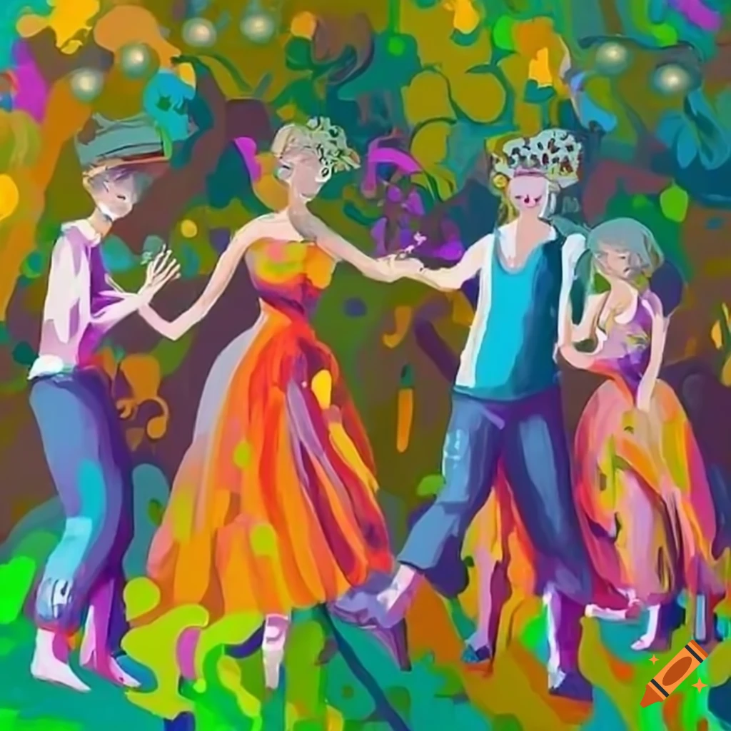 Group of friends dancing musette together in a colorful garden on Craiyon