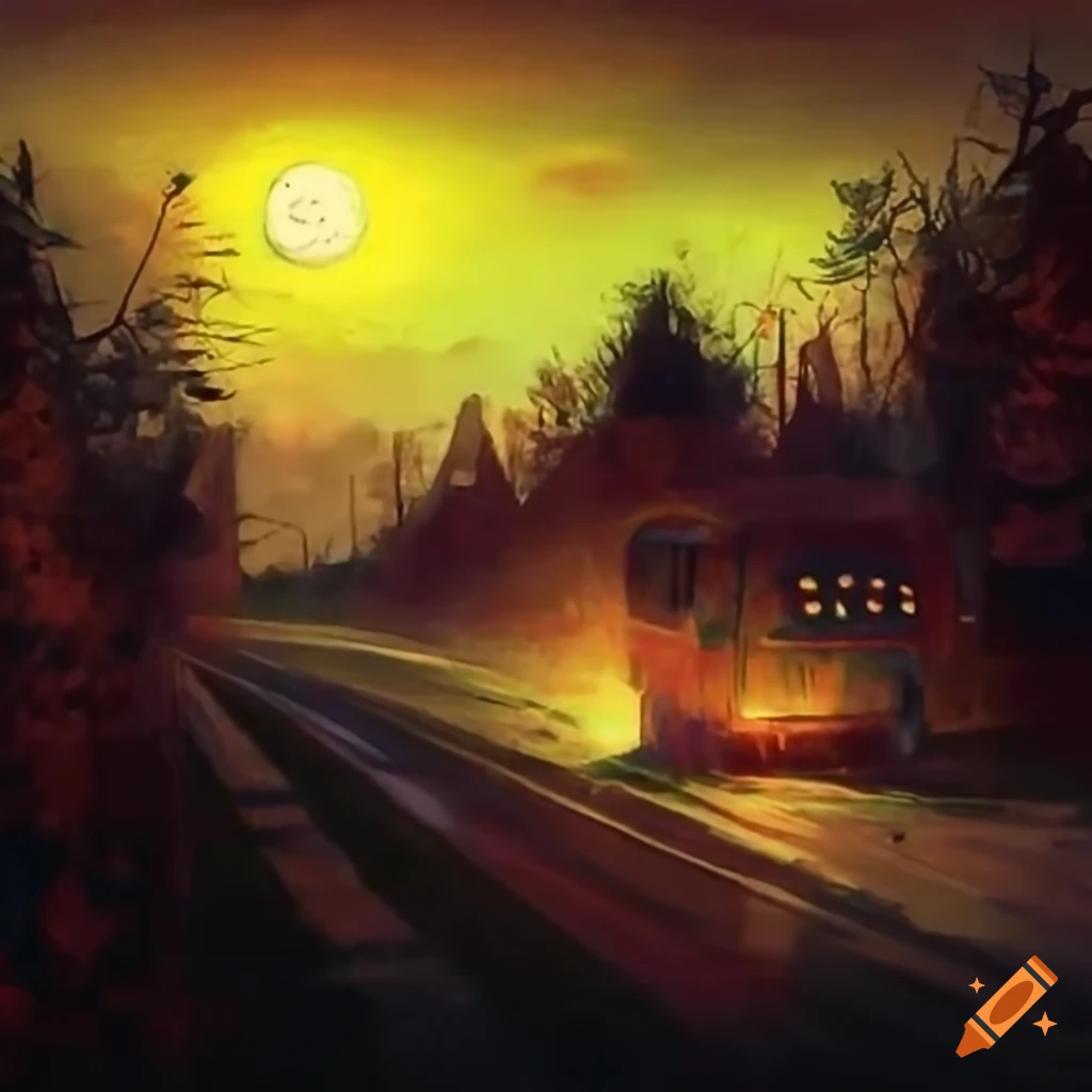 Creepy evening view of a yellow American bus on road next to a wood in ...