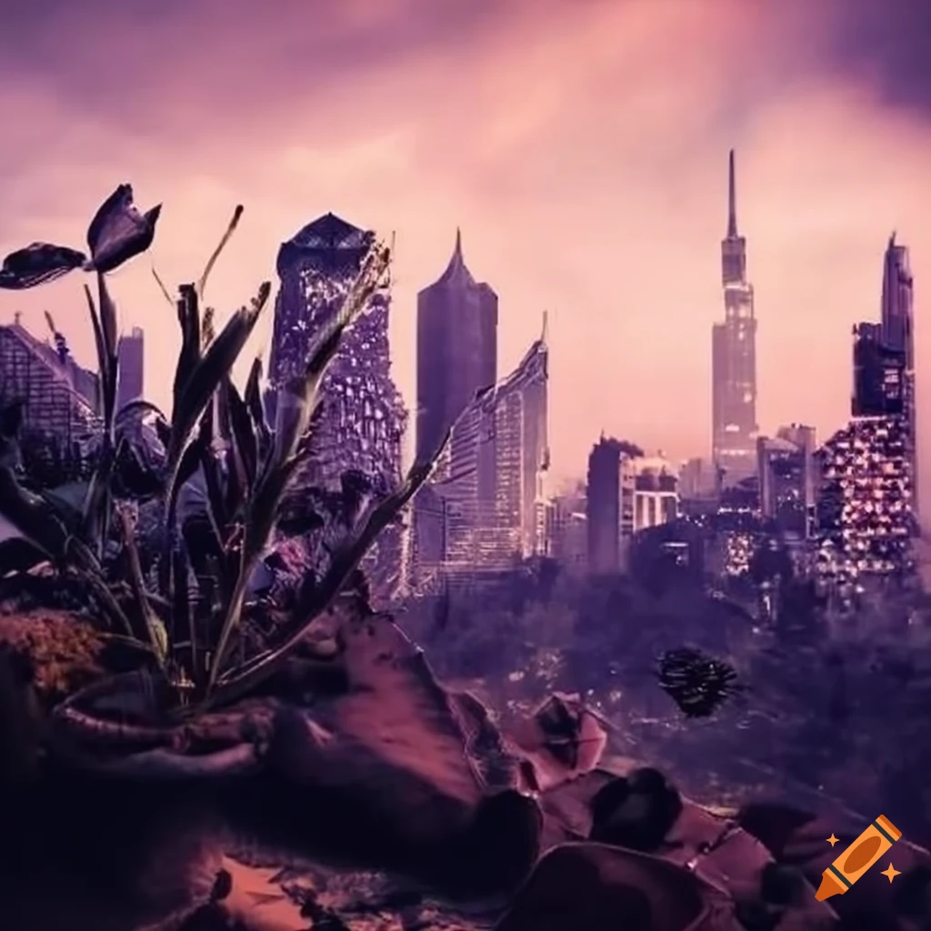 City covered in plants on Craiyon